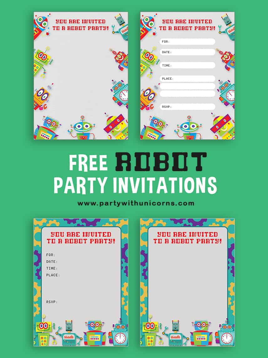Robot Birthday Invitations - Party with Unicorns