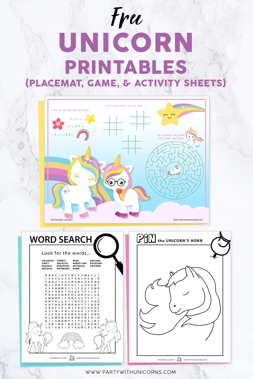 FREE Unicorn Printables (Placemat, Game, and Activity Sheets) - Party ...